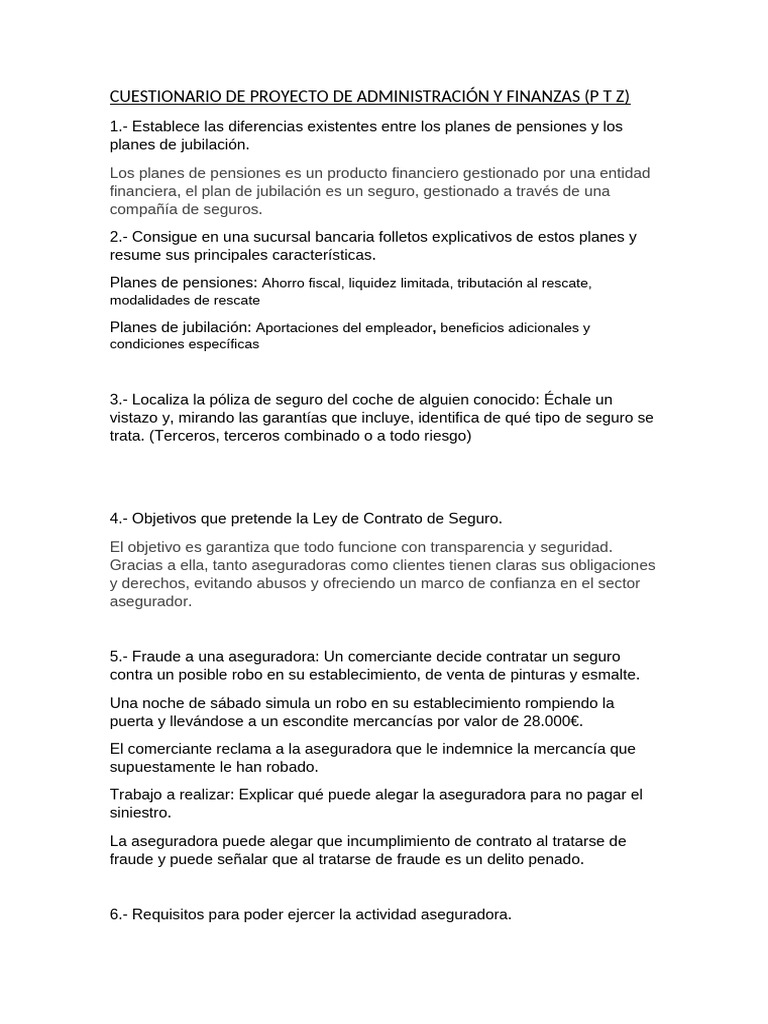 CUESTIONARIO | PDF | Seguro | Póliza de seguros