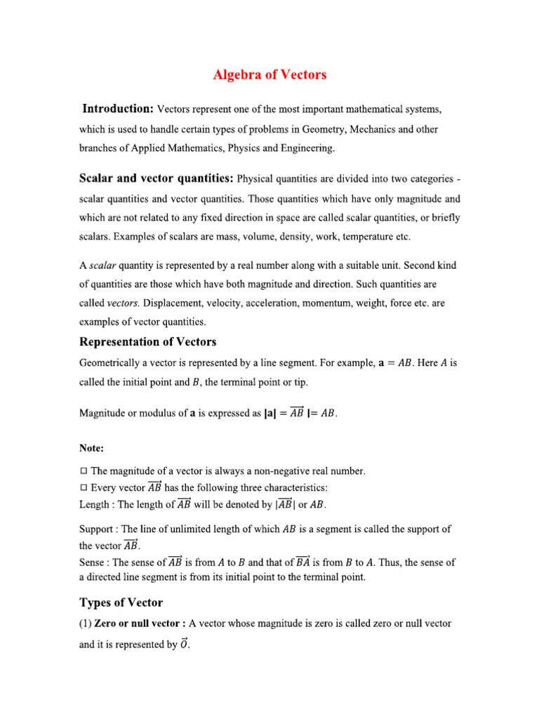 Algebra of Vectors Notes | PDF
