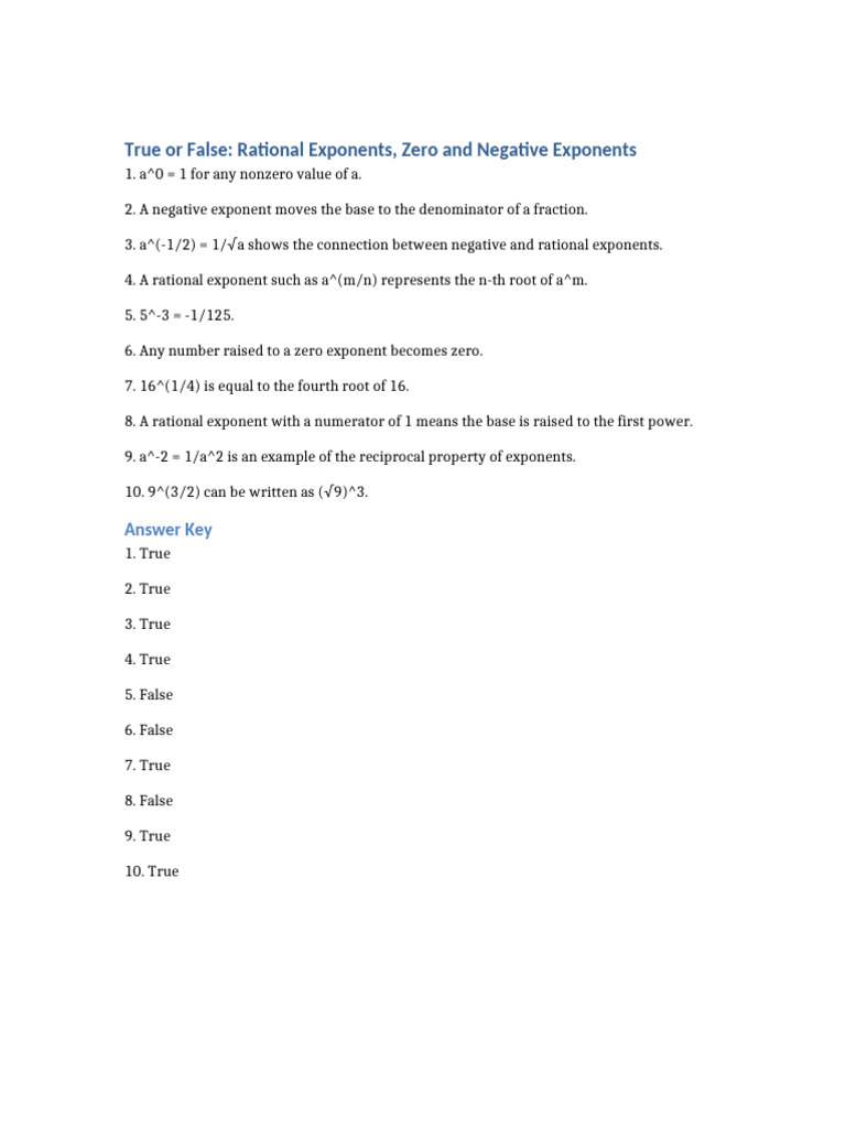 True or False Exponents | PDF