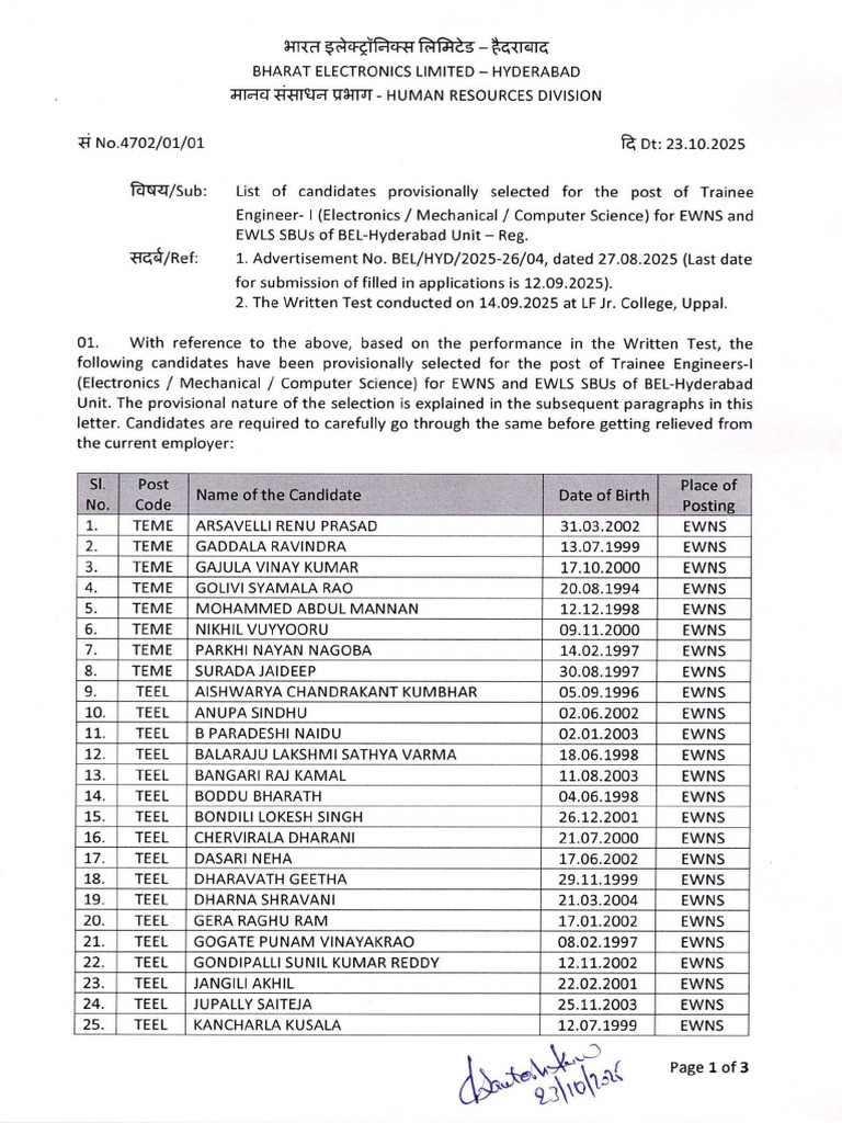 1.te Declaration of Results 23102025 | PDF