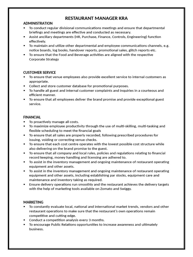 Trooh Restaurant Manager KRA | PDF | Inventory | Restaurants