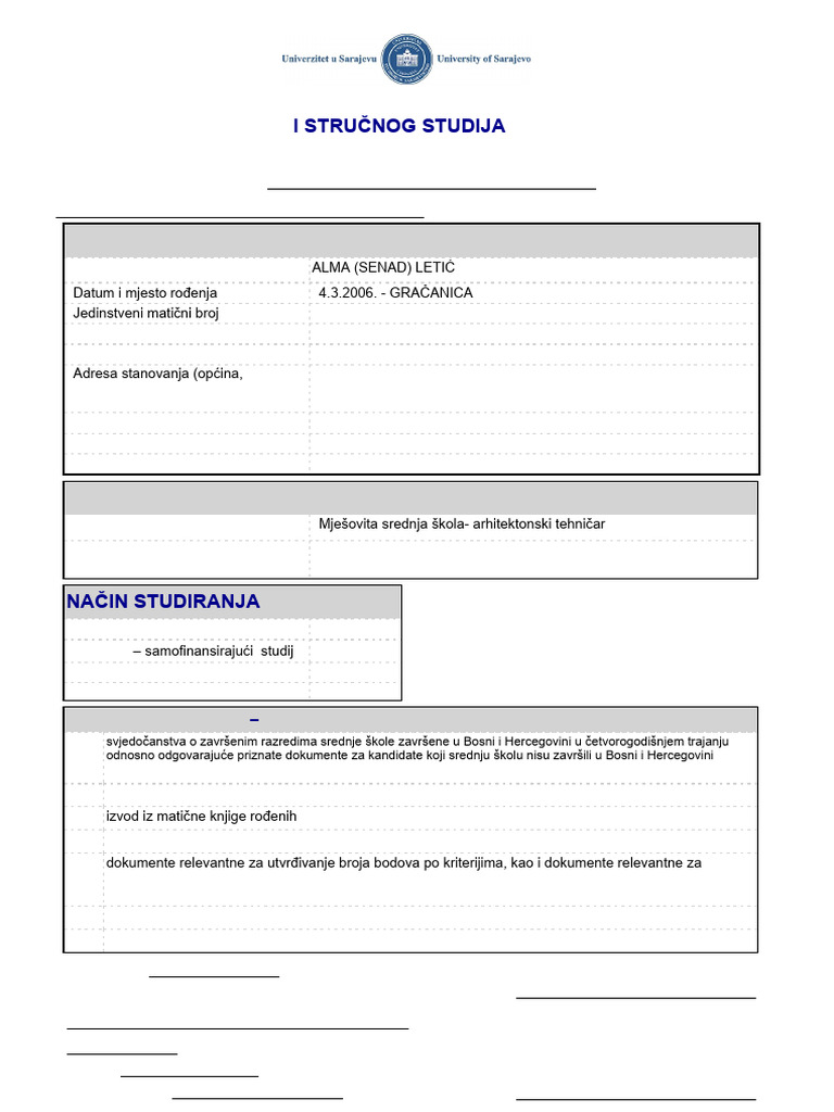 Prijava Za Upis 36389 14 | PDF