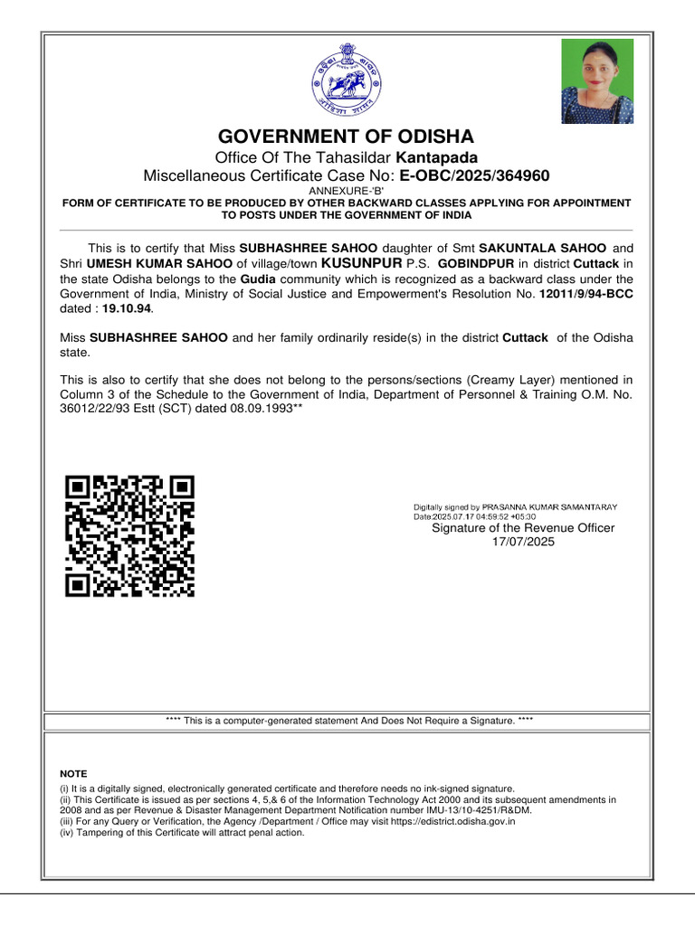 OBC Certificate for Subhashree Sahoo | PDF