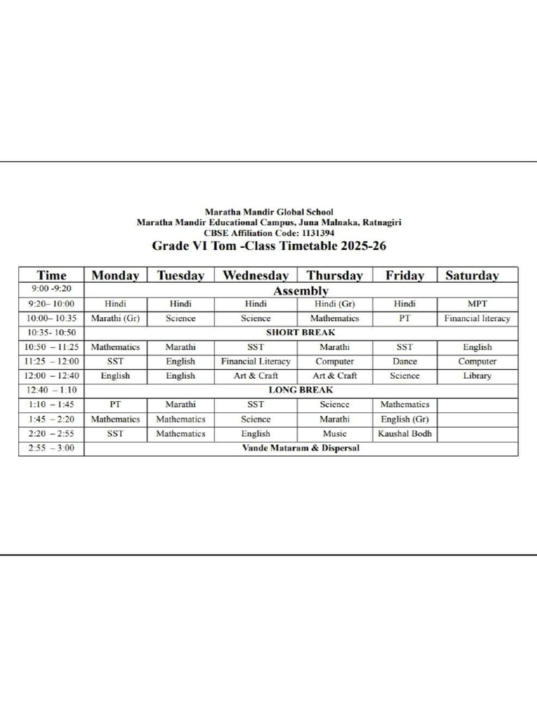Revised Class Timetable of Grade VI Tom | PDF