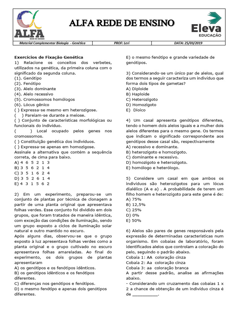 2019 - 2Âª SÃ©rie - Biologia ExercÃ­cios de FixaÃ§Ã£o GenÃ©tica - 1Âª lei here codom 2Âª lei ap ...