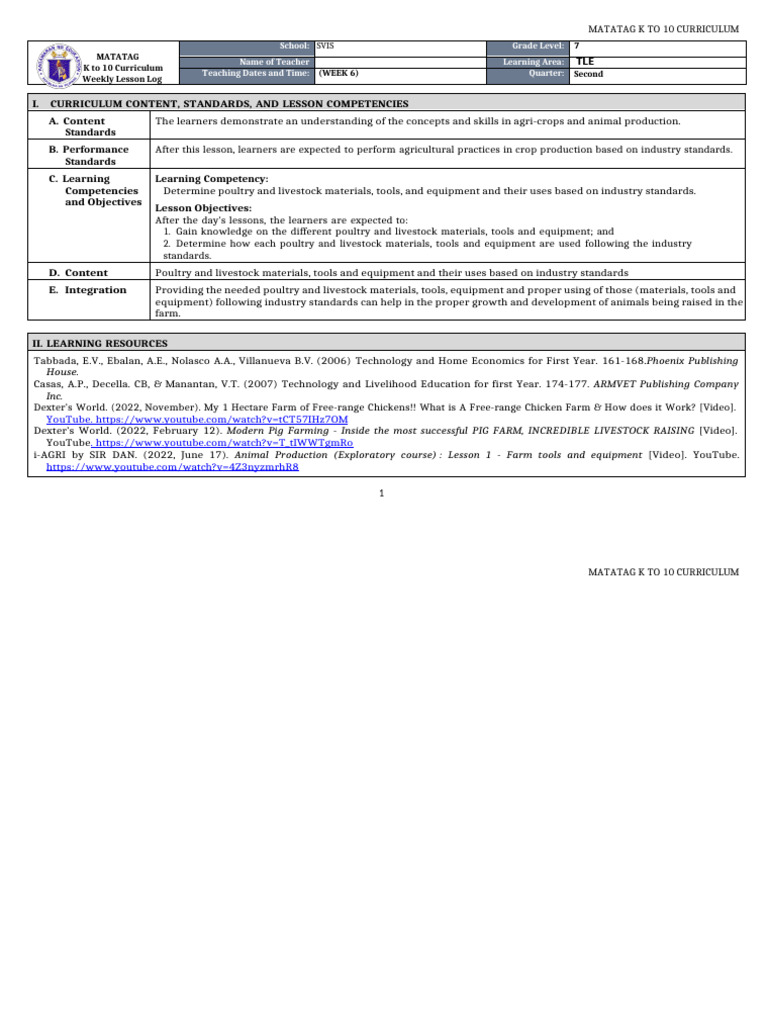 DLL Matatag - Tle 7 q2 w6 | PDF | Poultry Farming | Livestock