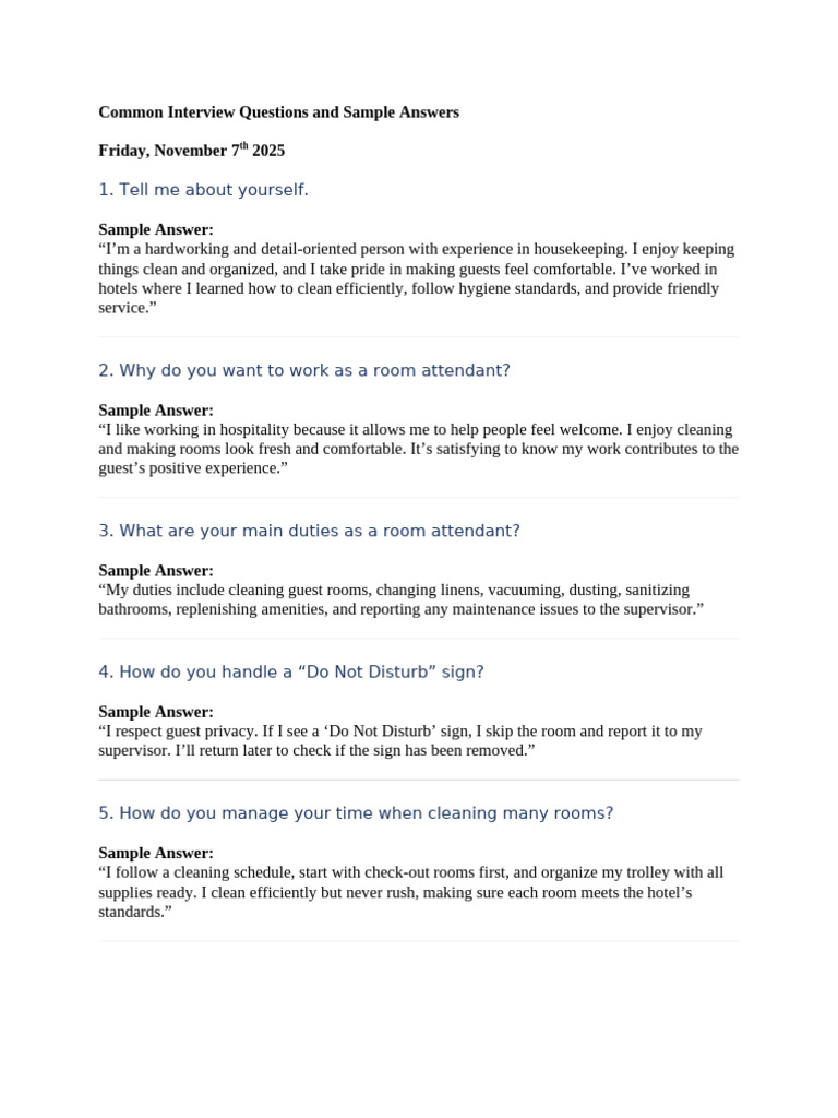 Room Attendant Interview Q&A Guide | PDF | Housekeeping