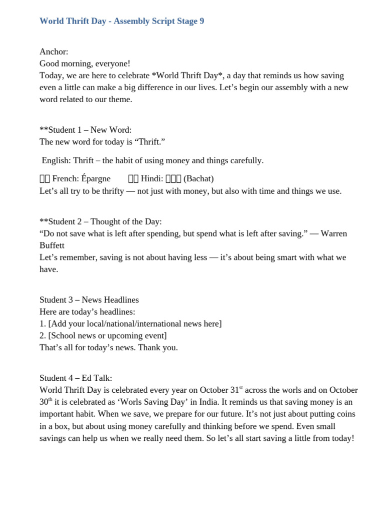 World Thrift Day Assembly Script | PDF