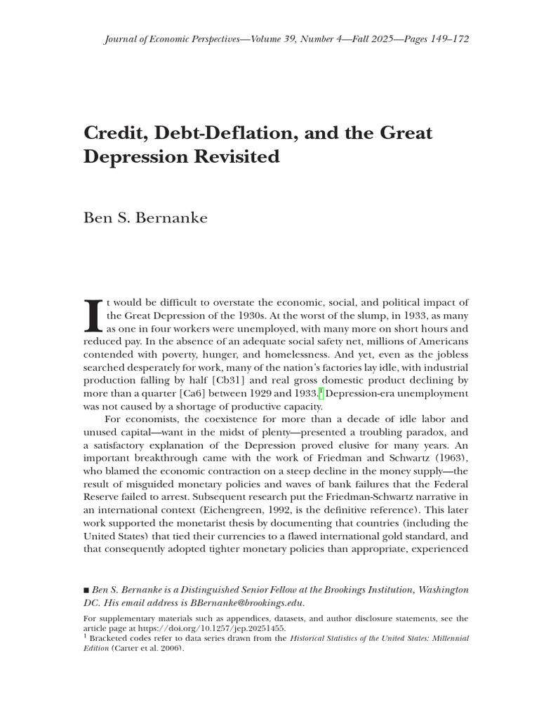 Bernanke 2025 Credit Debt Deflation and The Great Depression Revisited ...