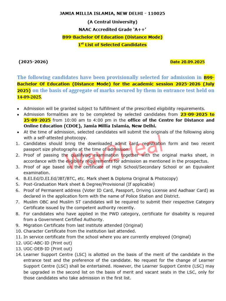 JMI B Ed Distance Mode August 2025 Entrance Test Result B99 FL 1 | PDF ...