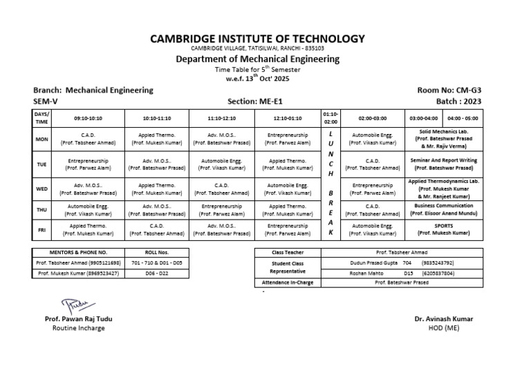 Time Table 5th Sem (Batch - 2k23) | PDF