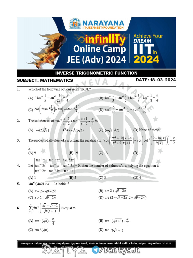 Maths Practice Sheet Class2 Inverse Trigonometry Function | PDF | Trigonometry | Complex Analysis