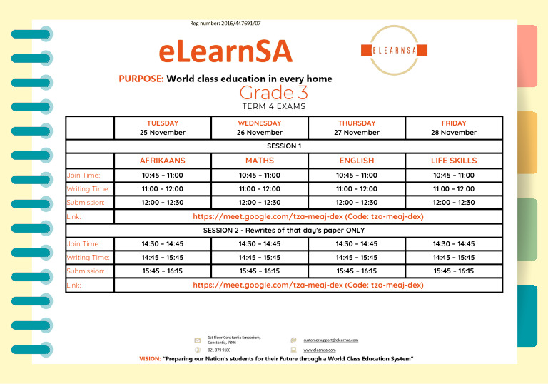 Grade 3 Term 4 Exam Timetable | PDF