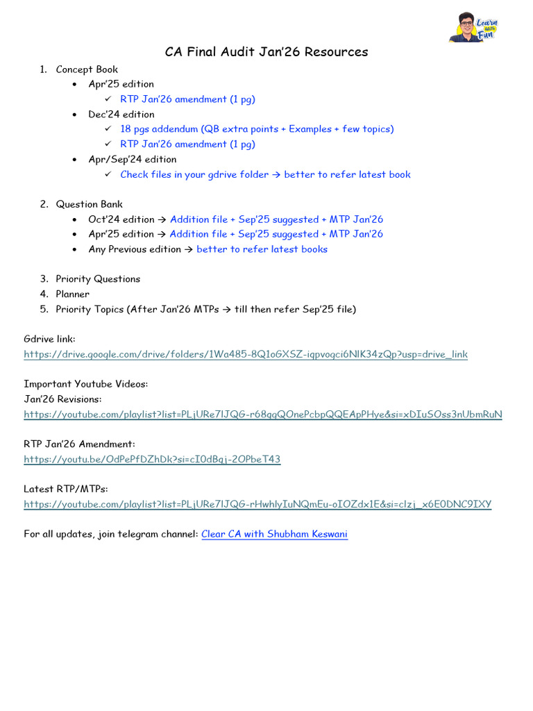 Ca Final Audit Jan 26 Study Resources Pdf
