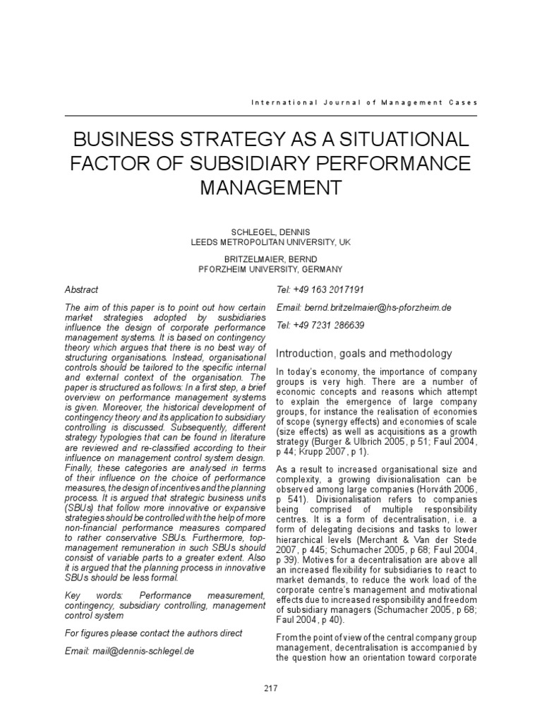 Business Strategy As A Situational Factor of Subsidiary PMS | PDF ...