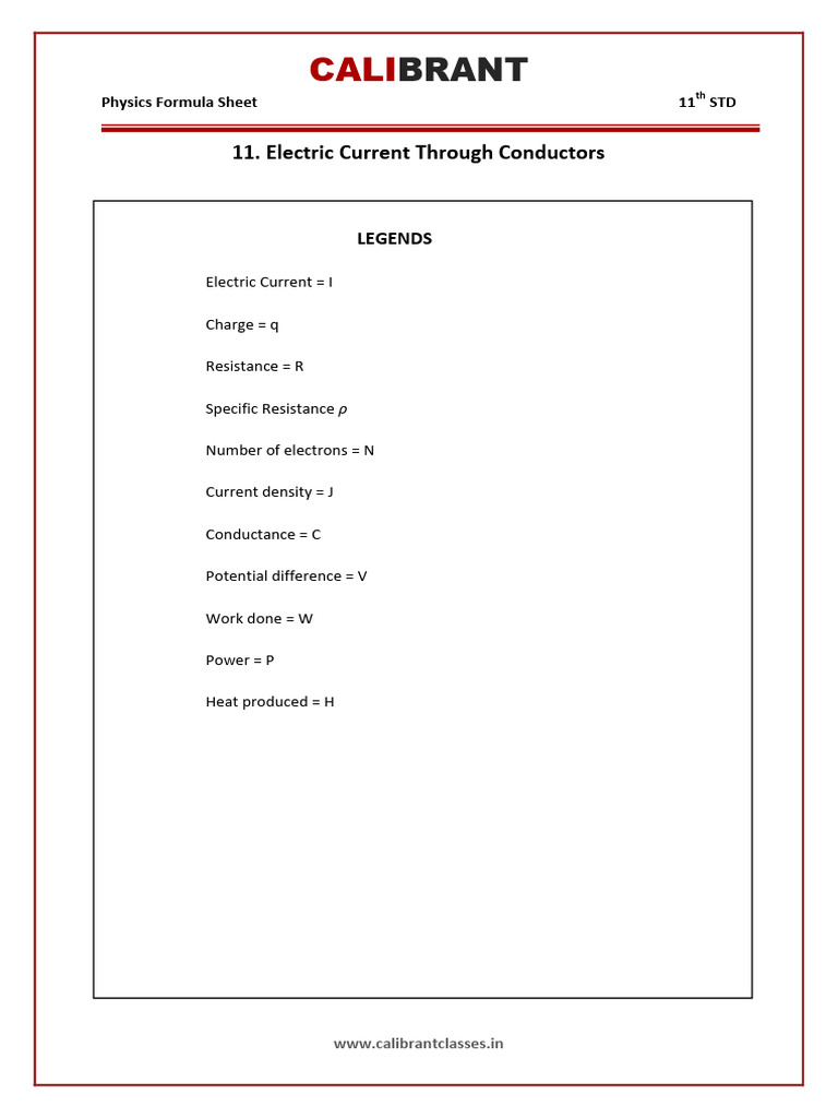 11th Grade Physics: Electric Current Formulas | PDF | Electric Current ...