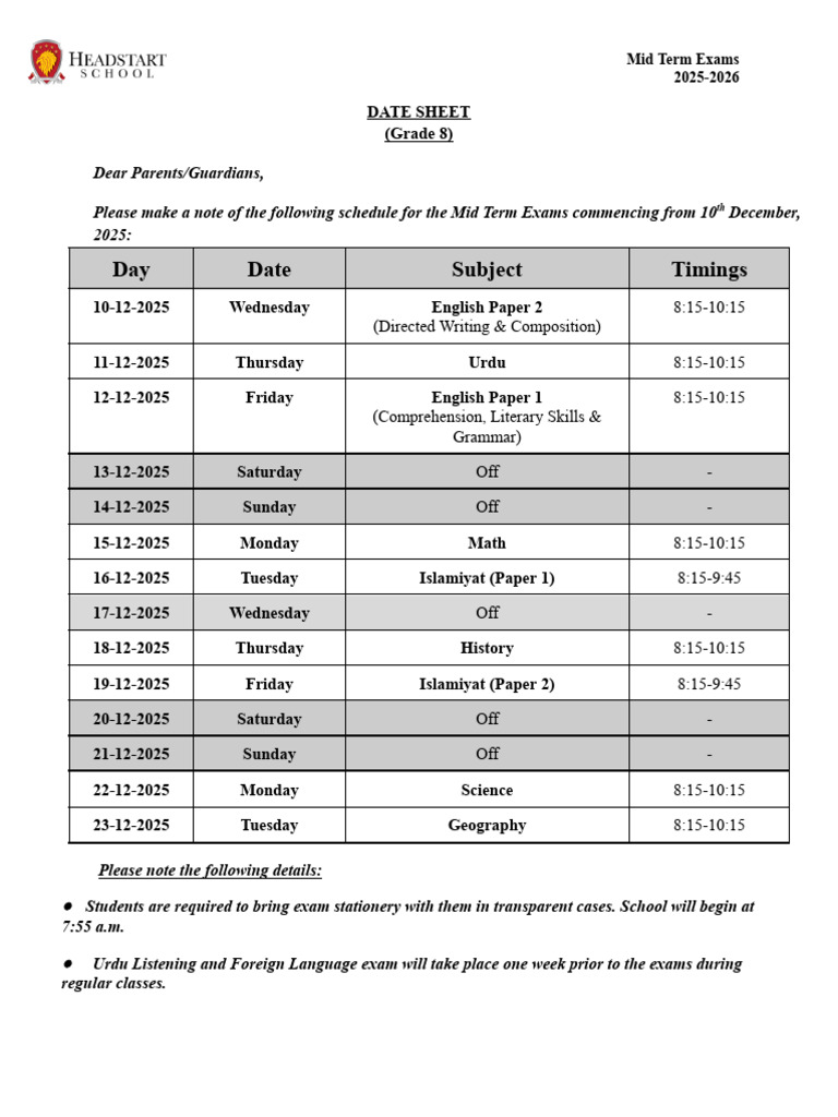 Grade 8 Mid Term Exam Date Sheet + Syllabus 2025-2026 | PDF | Quran | Islam
