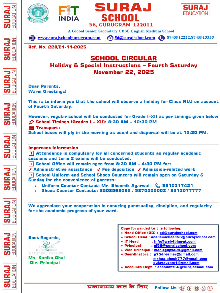 School Circular - Special Instructions - Fourth Saturday (22 Nov 2025 ...