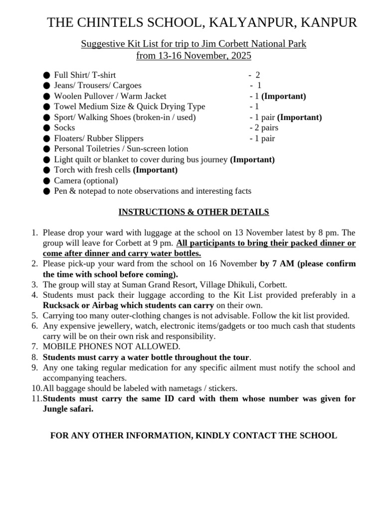 Chintels Kpur Corb Kit List 13-16 Nov 2025 | PDF