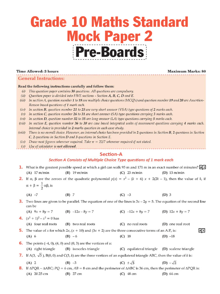 Grade 10 Maths Standard Mock Paper 2-Pre Boards | PDF