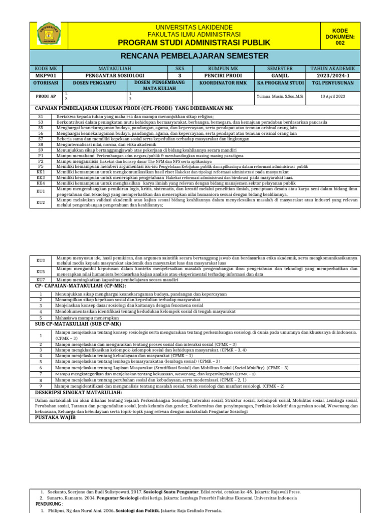 2. Form Rps-mk p Sosiologi | PDF