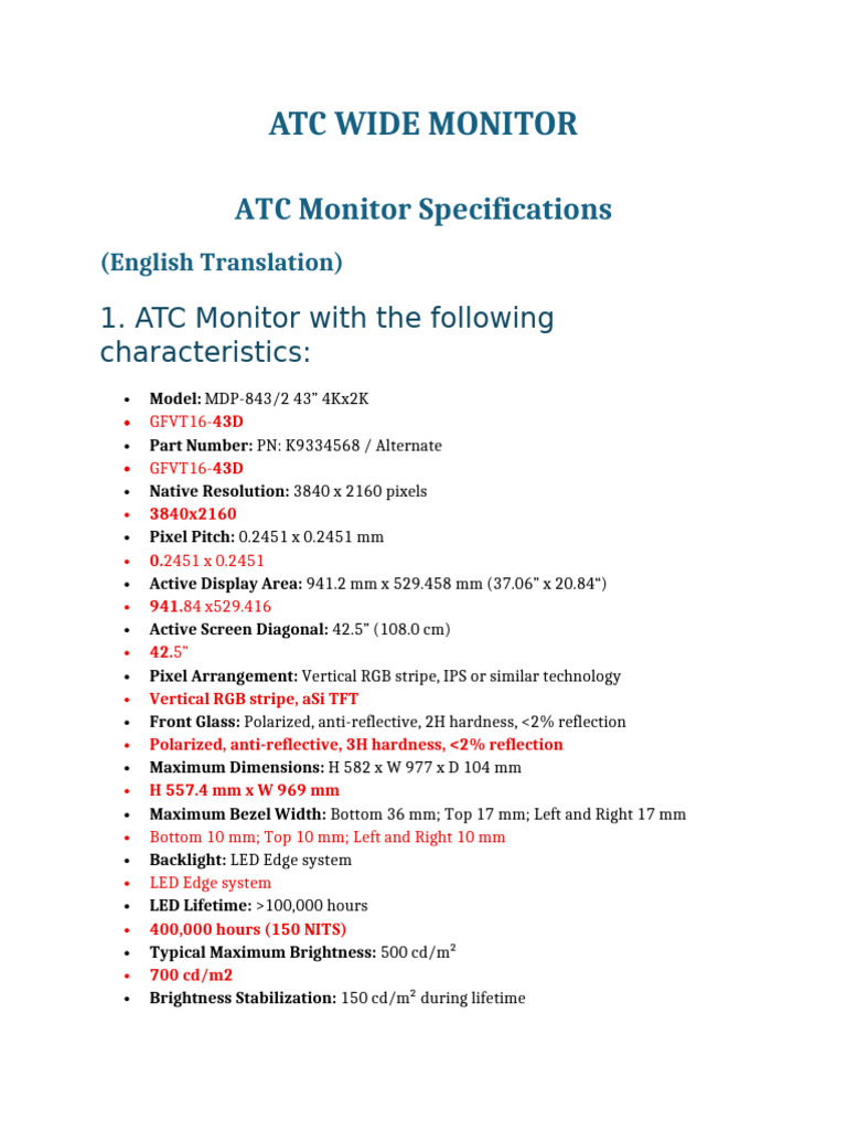 ATC 43" 4K Monitor Specifications | PDF | Usb | Hdmi