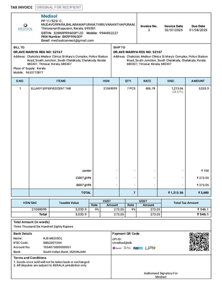 Medisol Tax Invoice for Dr. Ave Mariya | PDF | Taxes | Payments