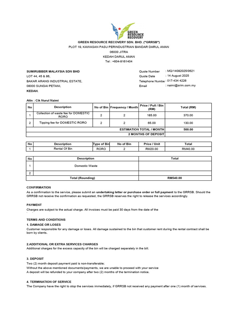 Quotation for Waste Bin Rental Services | PDF | Fee | Bribery