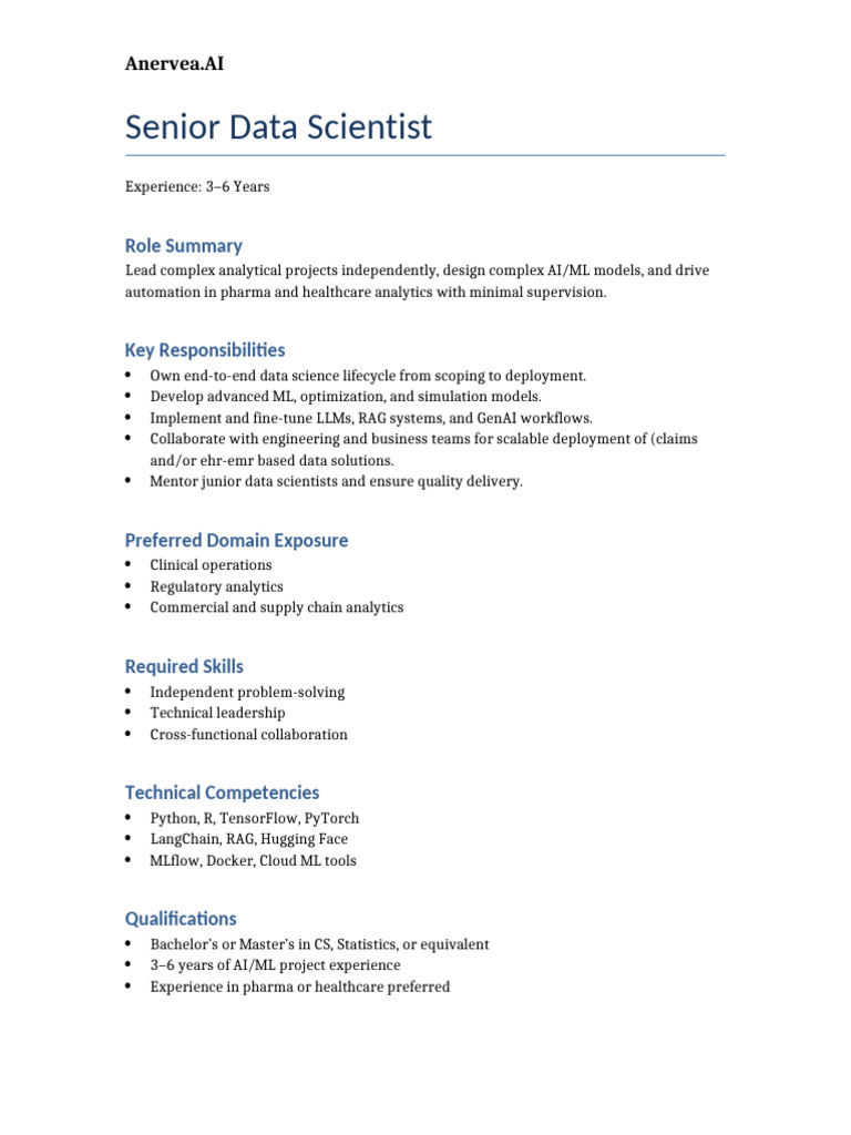 AnerveaAI Senior Data Scientist 3-6years | PDF