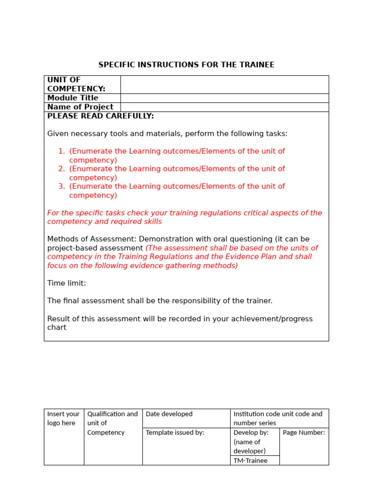 Trainee Assessment Instructions Template | PDF | Learning | Behavior ...