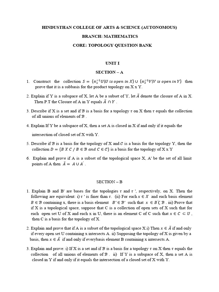 Topology Question Bank for Mathematics | PDF | Compact Space ...