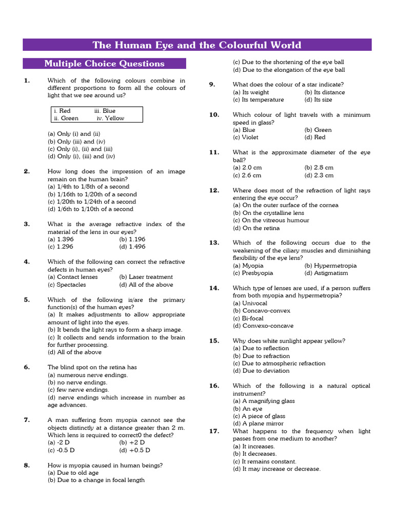 Human Eye: Color and Vision Quiz | PDF | Eye | Myopia