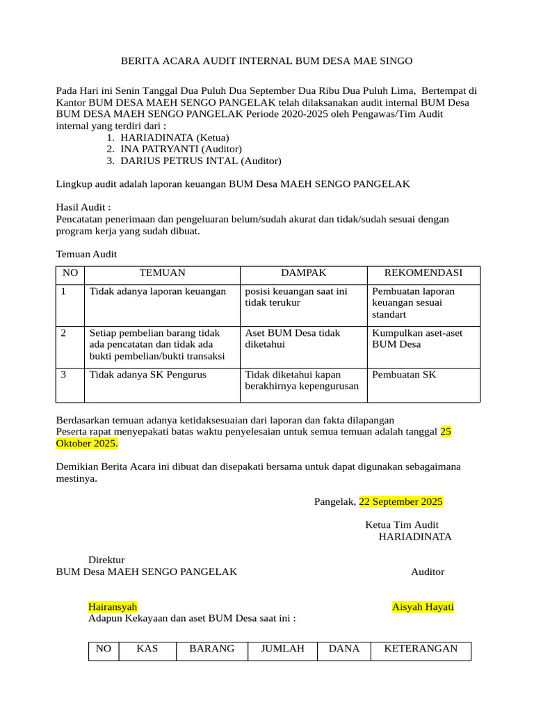 Audit Internal BUM Desa Mae Sengo 2025 | PDF