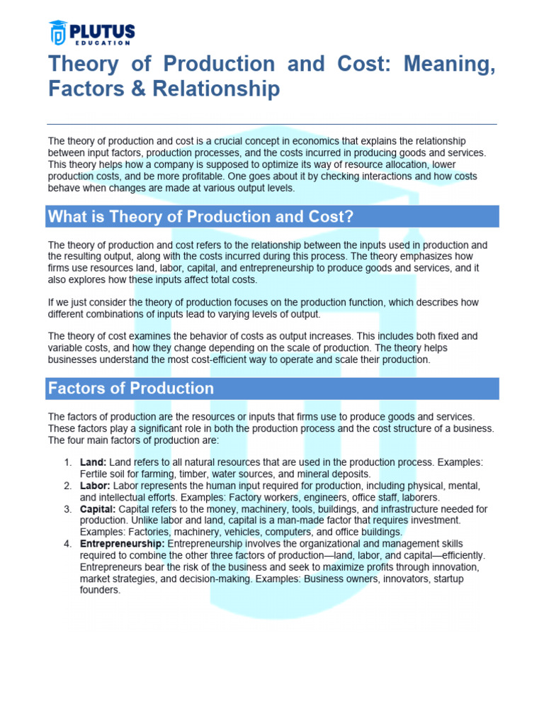 Theory of Production and Cost Explained | PDF | Marginal Cost | Factors ...