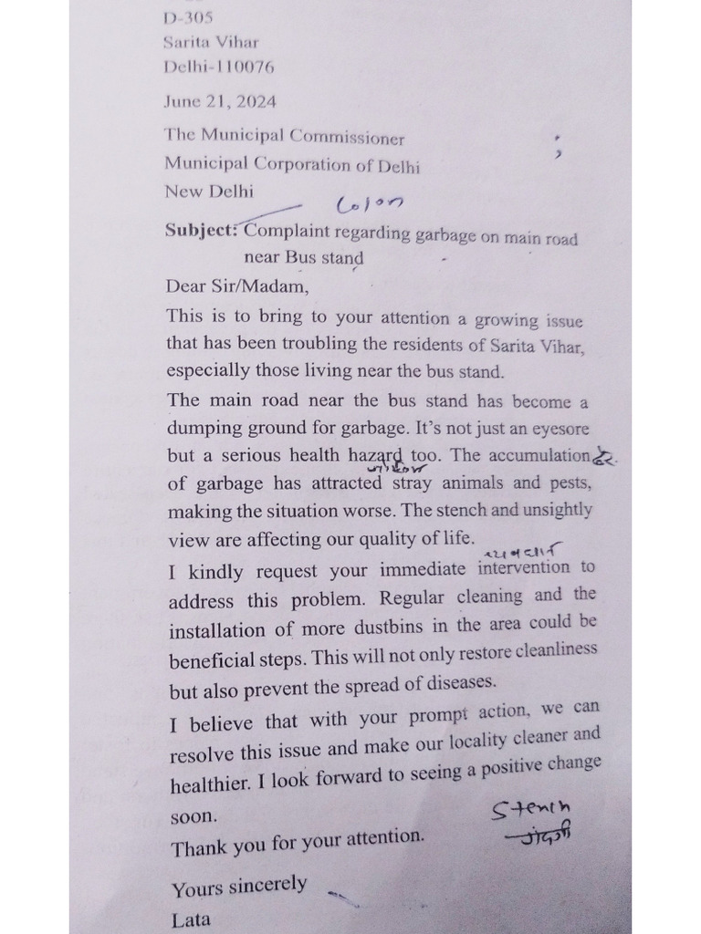Letter Complaint Regarding Garbage | PDF