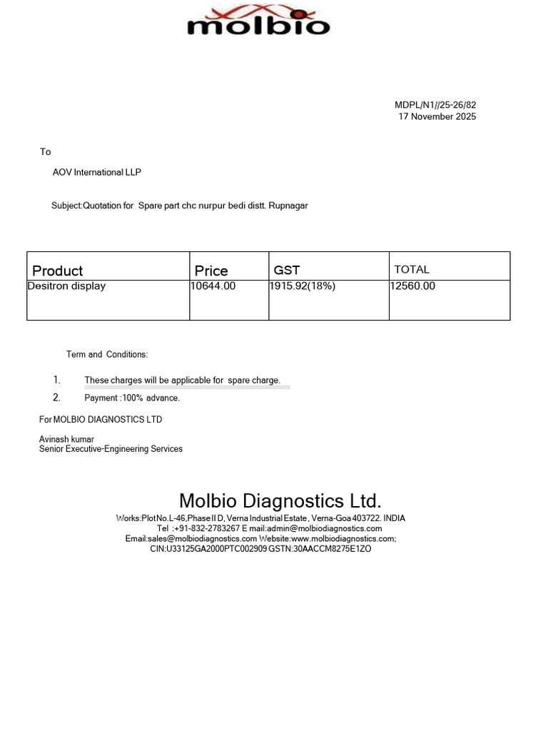 Spare Part Quotation for AOV International | PDF