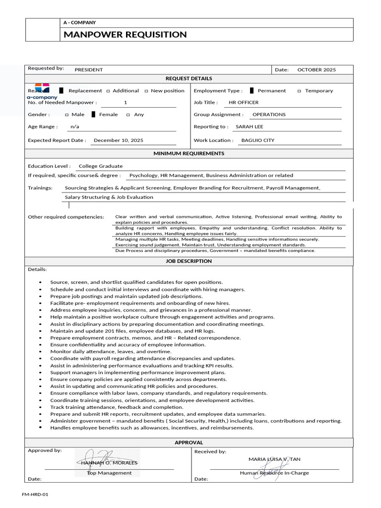 FM HRD - 001 Manpower Requisition | PDF | Human Resources | Employment