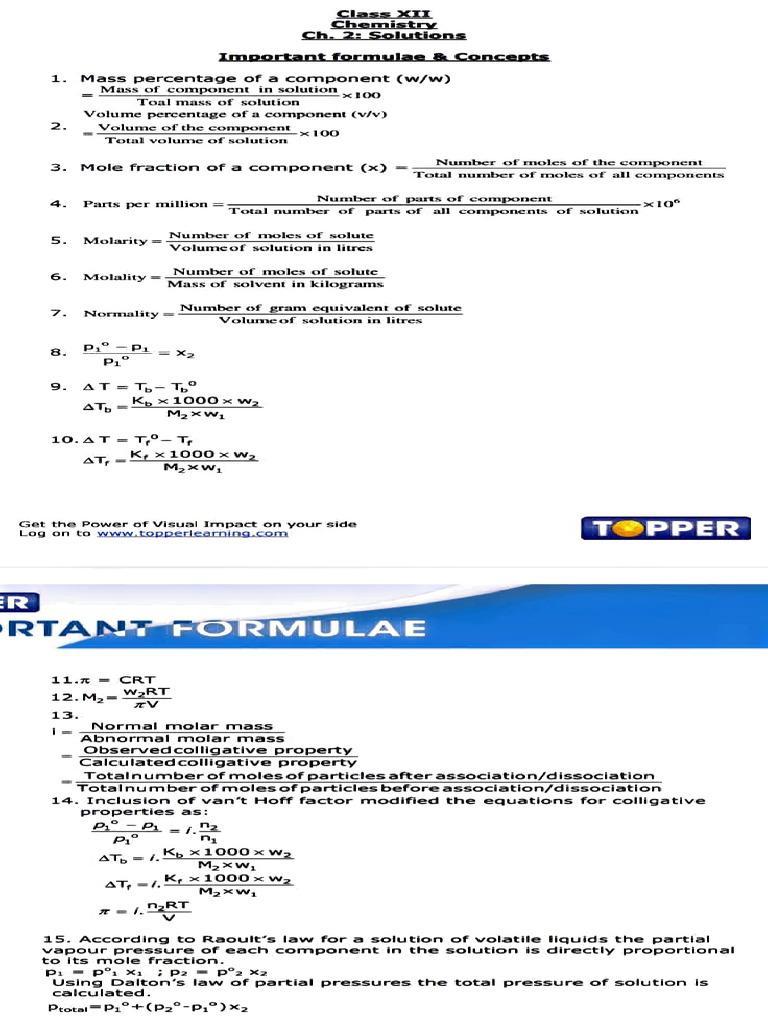 Chemistry Class 12 Formulas Important Formulae &concepts 1 | PDF ...