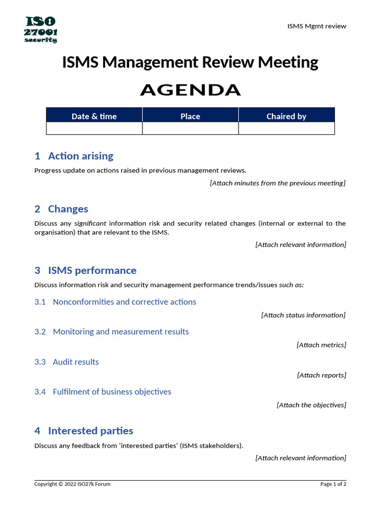 ISO27k ISMS Management Review Meeting Agenda Basic | PDF