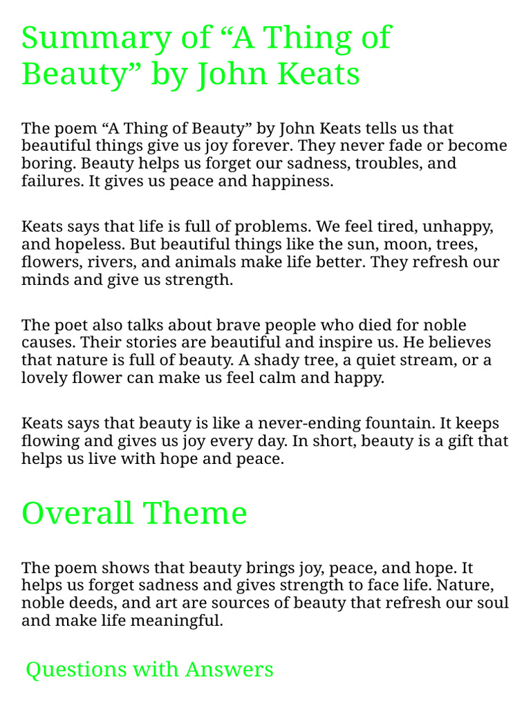 Summary and Questions Answers of A Thing of Beauty by John Keats | PDF ...