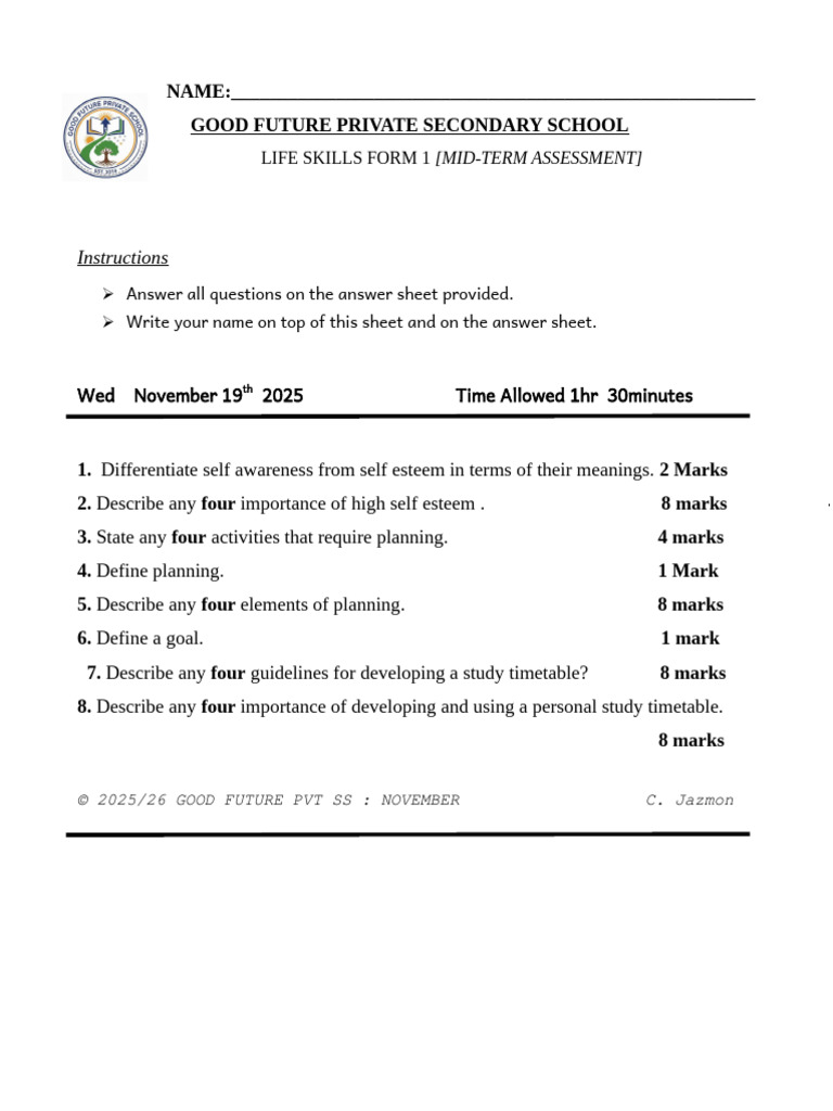 Life Skills Mid-Term Assessment Guide | PDF