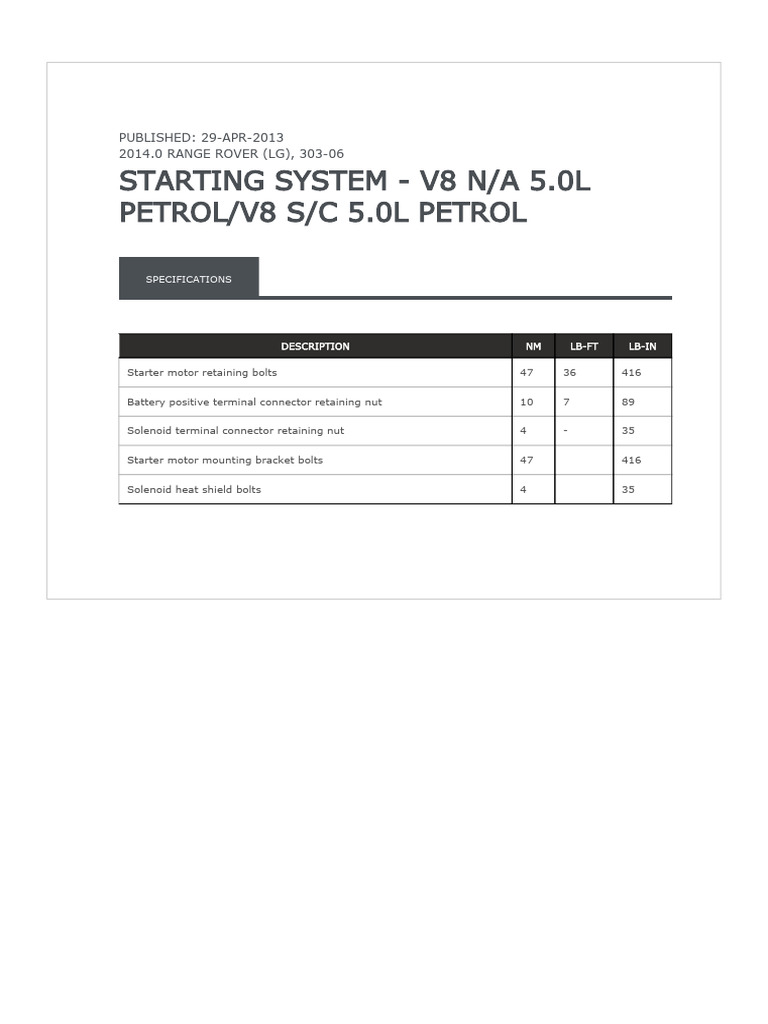Starting System - V8 N A 5.0L Petrol V8 S C 5.0L Petrol | PDF | Brake ...