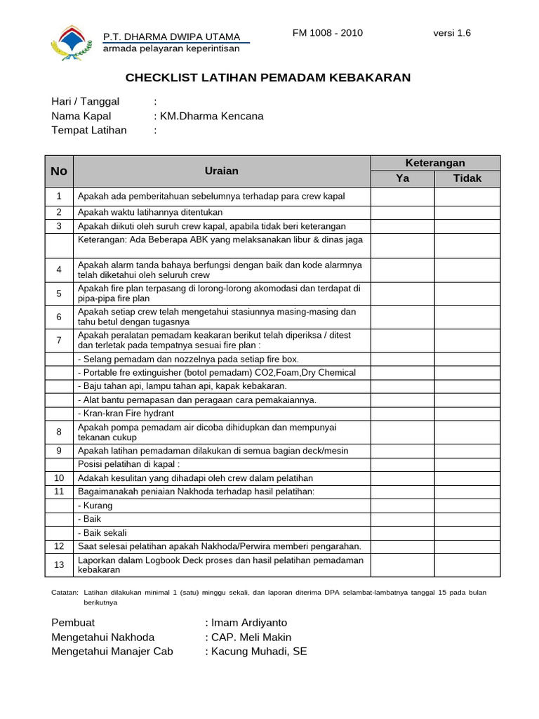 FM 1008-2010 Ver. 1.6 - Checklist Latihan Pemadam Kebakaran | PDF