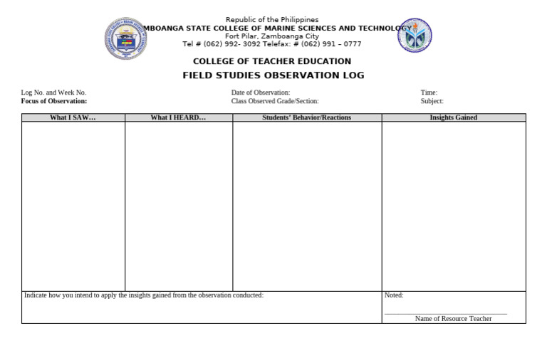 Field Studies Observation Log Template | PDF
