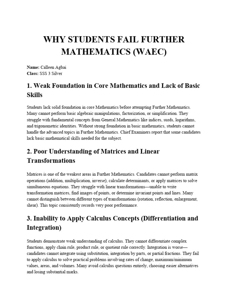 Why Students Fail Further Mathematics (Waec) | PDF | Matrix ...