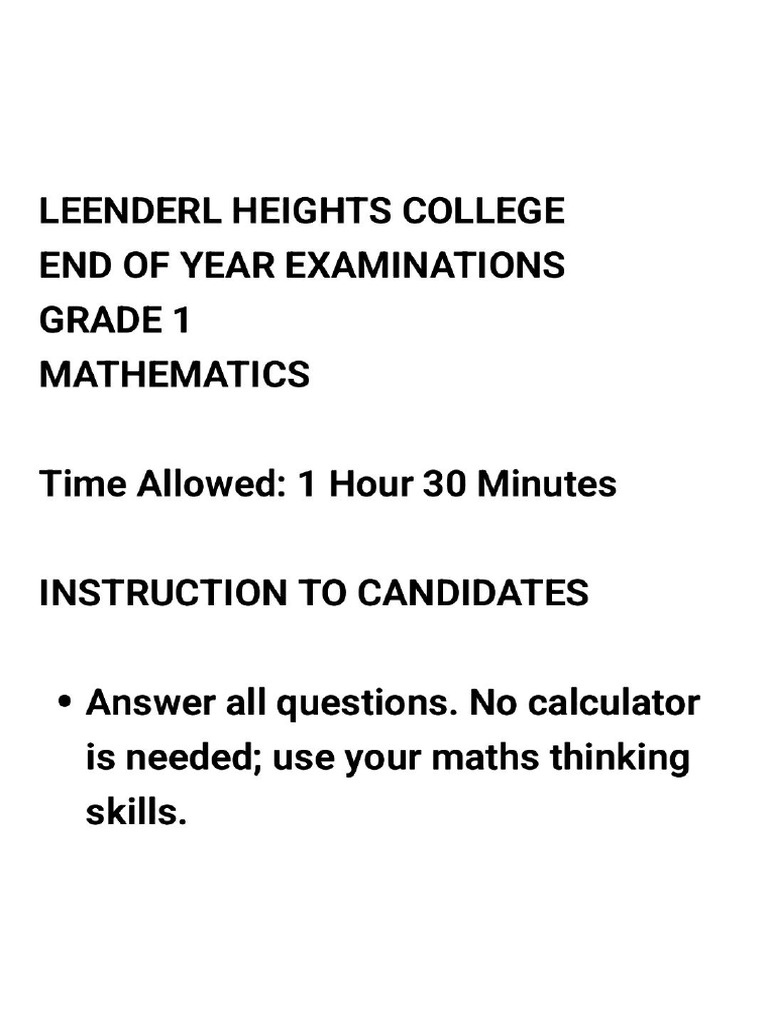 Grade 1 Maths End of Year Exam | PDF