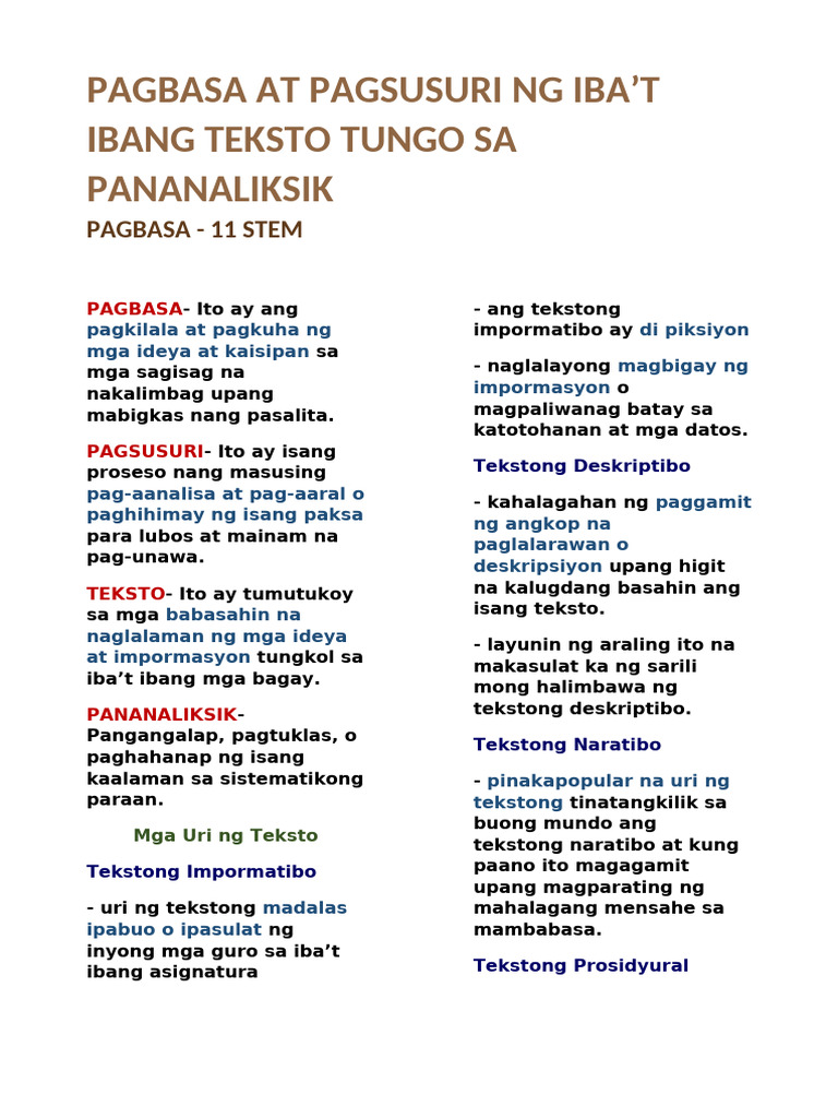 Pagbasa at Pagsusuri 2ND Semester | PDF