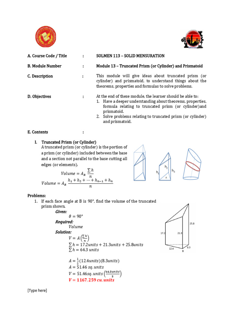 MODULE 13 Truncated and Prismatoid | PDF | Triangle | Euclidean Geometry