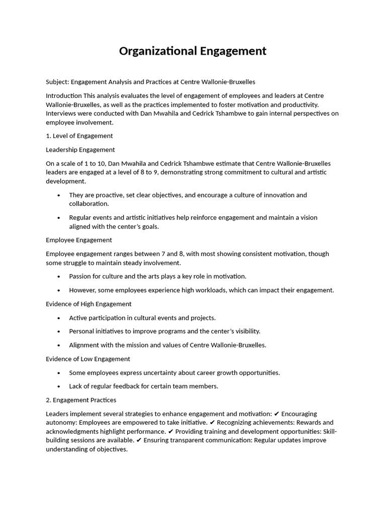 Engagement Analysis at Centre Wallonie-Bruxelles | PDF | Motivation ...