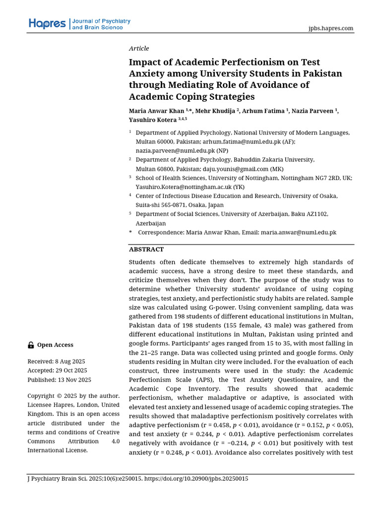 Impact of Academic Perfectionism On Test Anxiety Among University ...